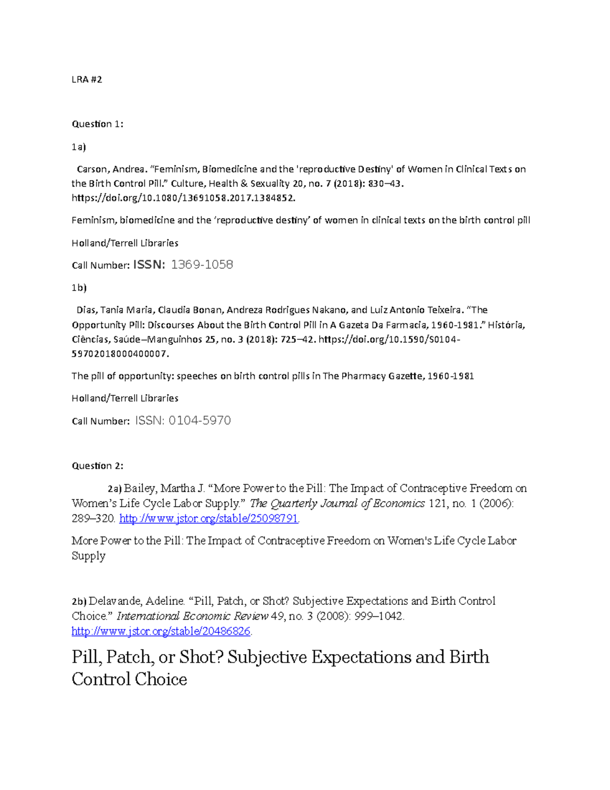 LRA #2 - Library research assignment - LRA Question 1: 1a) Carson ...