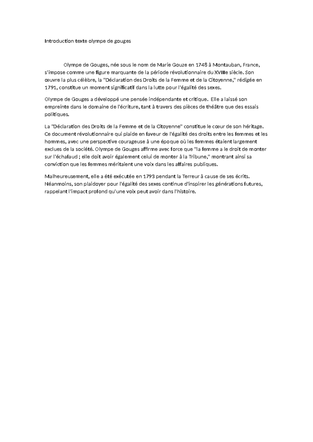 Introduction texte olympe de gouges - Son œuvre la plus célèbre, la ...