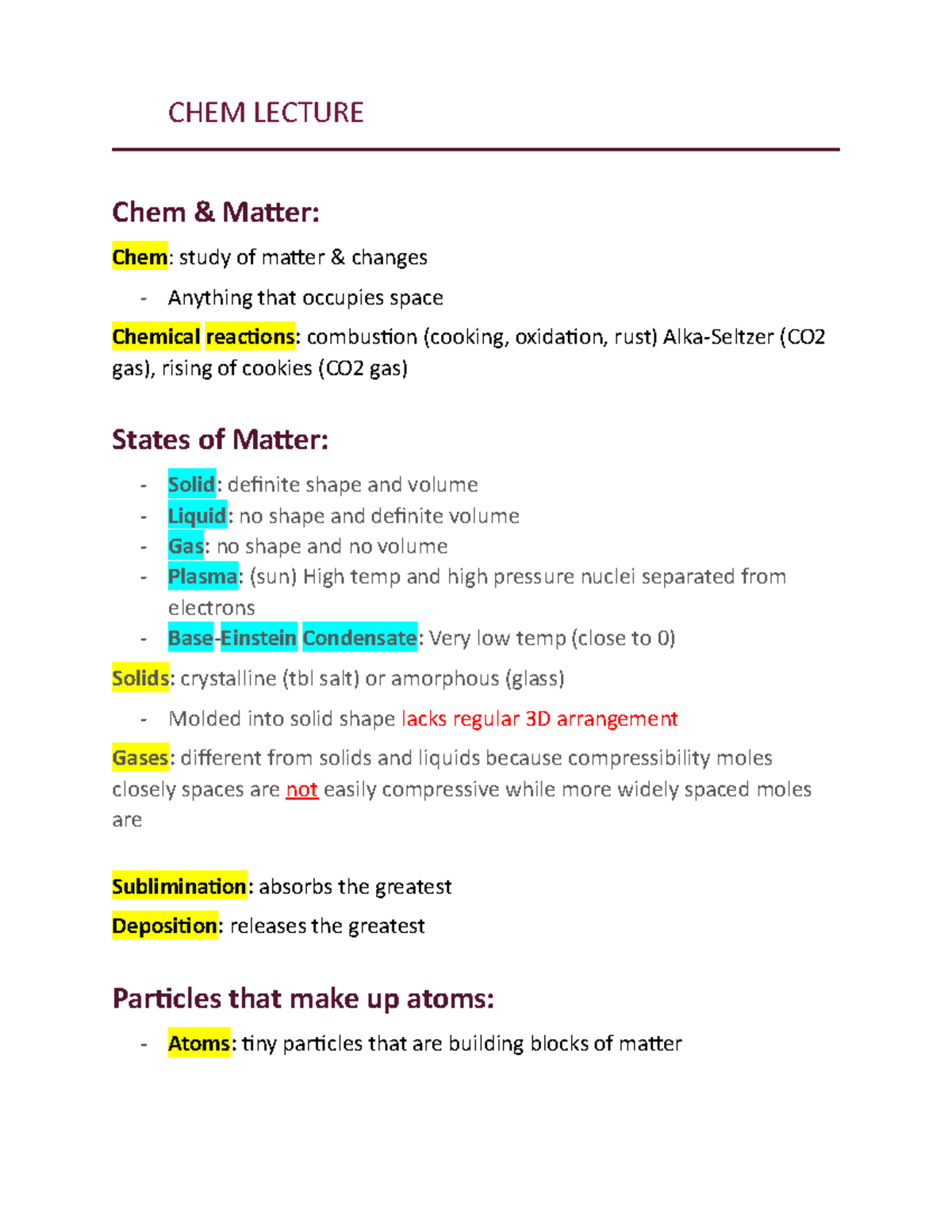 CHEM Lecture - CHEM LECTURE Chem & Matter: Chem: study of matter ...