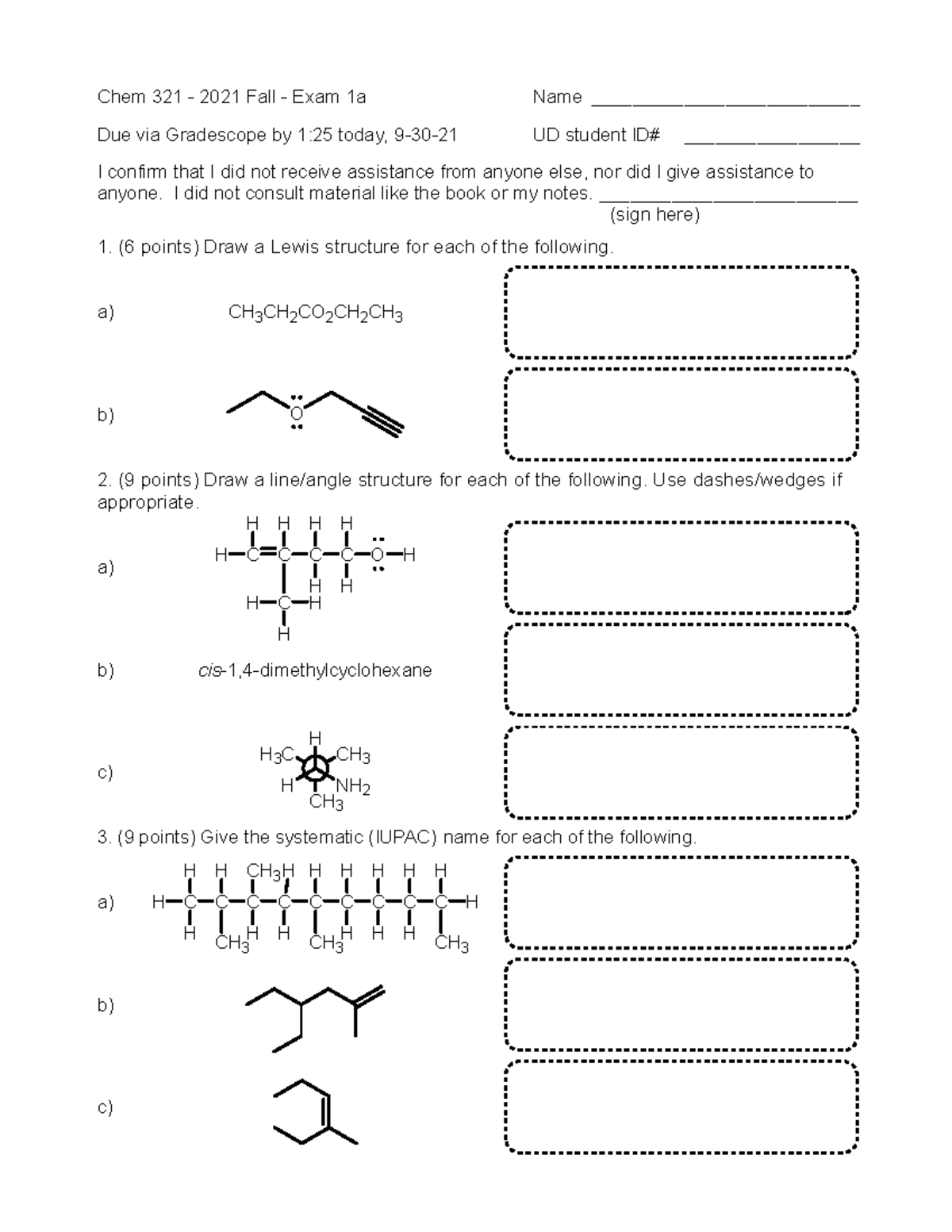 Chem 321 2021 fall exam 1a - Due via Gradescope by 1:25 today, 9-30 ...