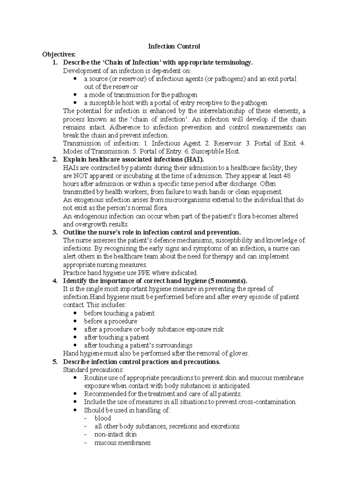Week 1 - Infection Control - **Infection Control Objectives: Describe ...