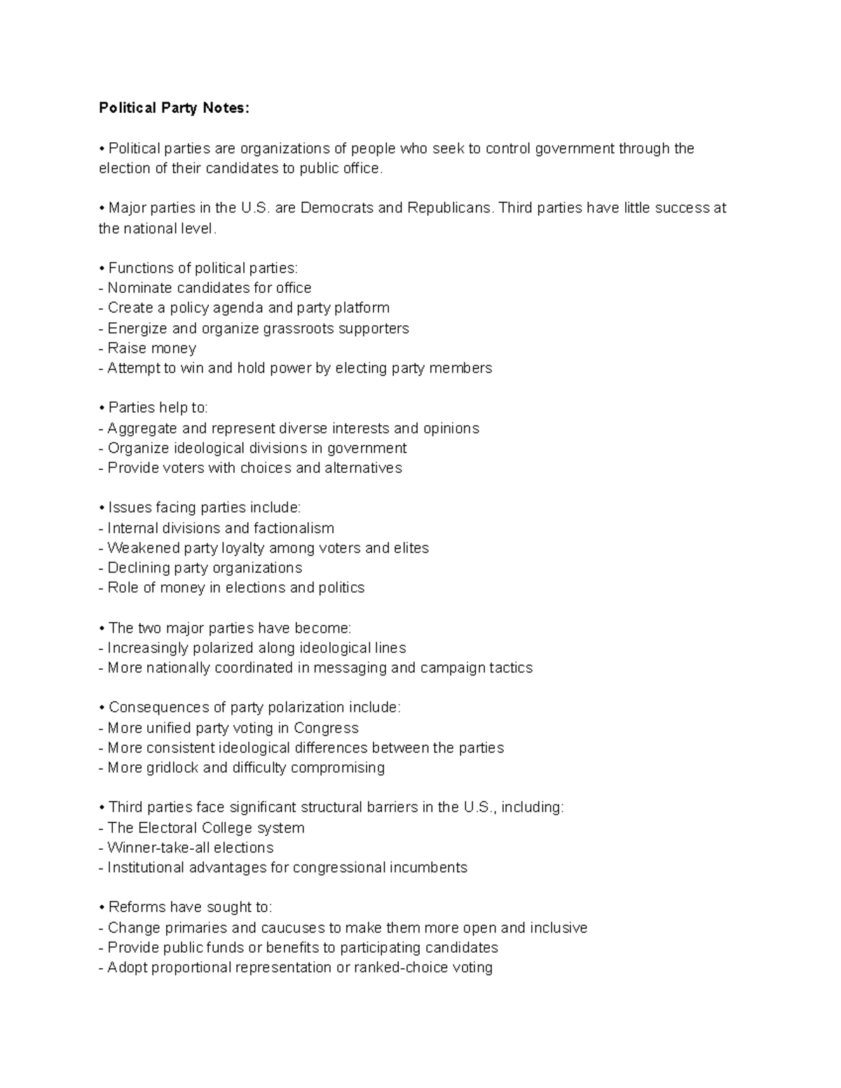 Political Parties Notes - Political Party Notes: Political parties are ...