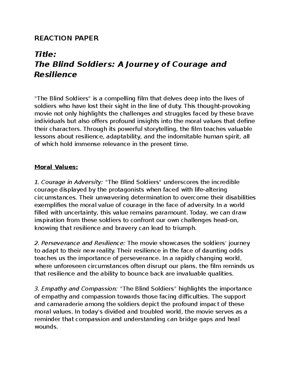 The Blind Soldier Reaction Paper - REACTION PAPER Title: The Blind ...