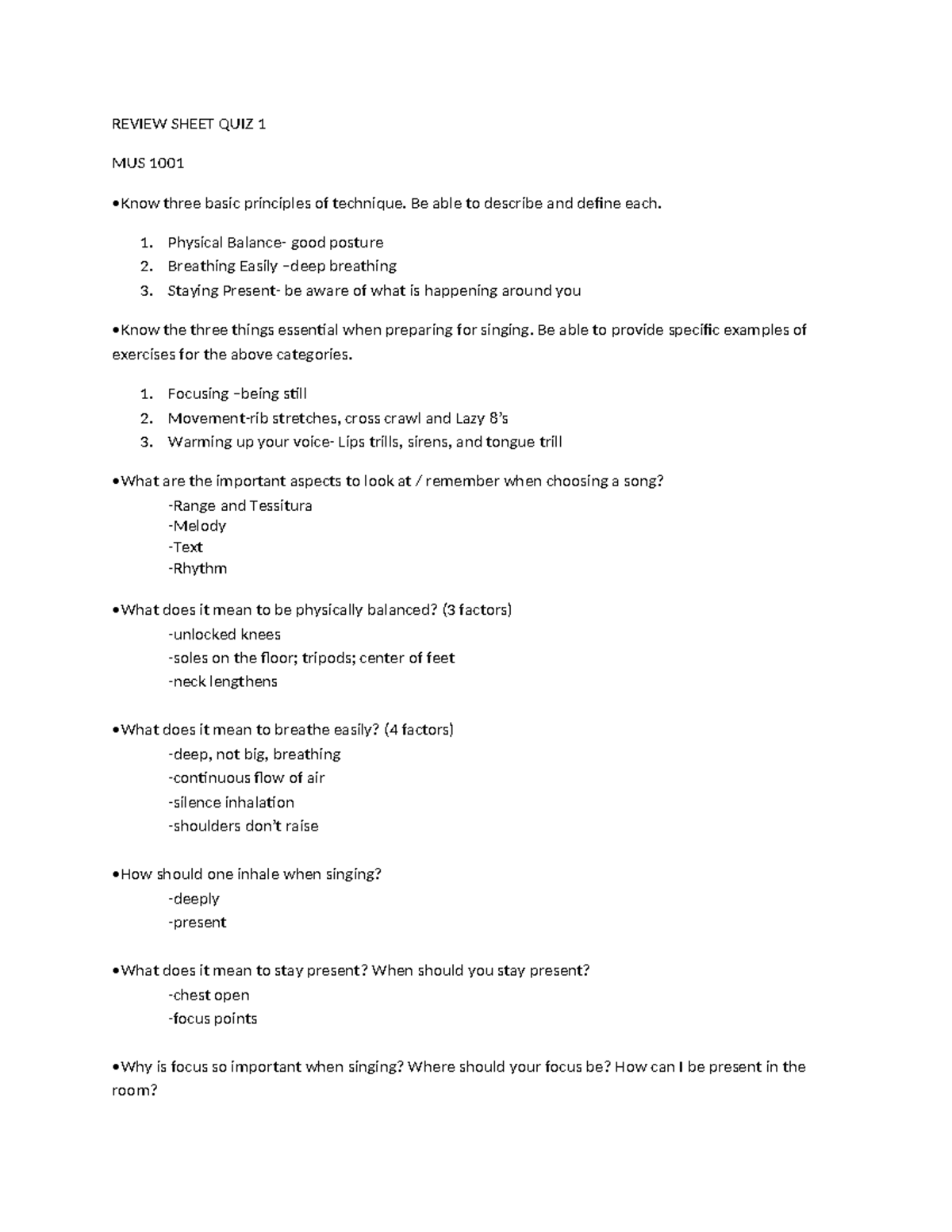 MUS Review Sheet QUIZ 1 - REVIEW SHEET QUIZ 1 MUS 1001 •Know three ...