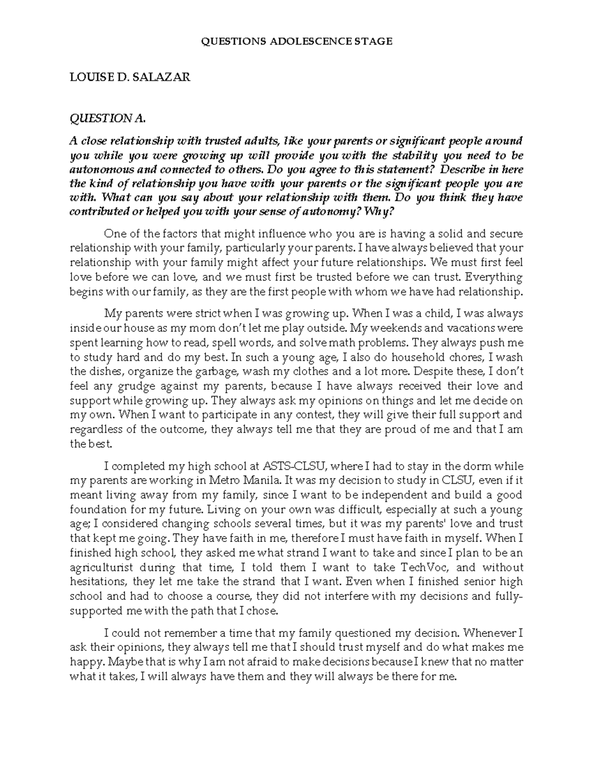 Questions Adolescence Stage - QUESTIONS ADOLESCENCE STAGE LOUISE D ...