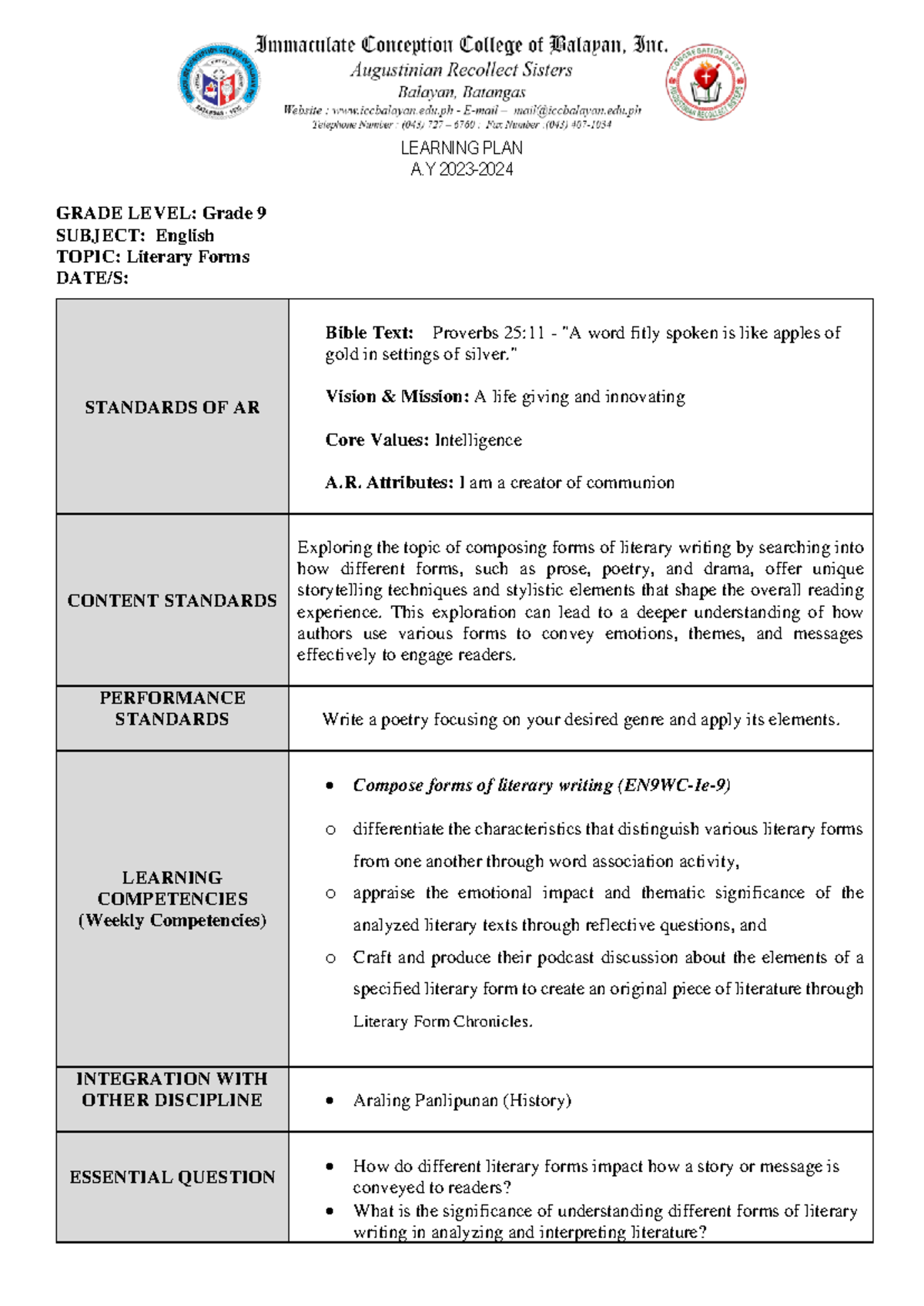 Lesson Plan in English 9 - A 2023- 2024 GRADE LEVEL: Grade 9 SUBJECT ...