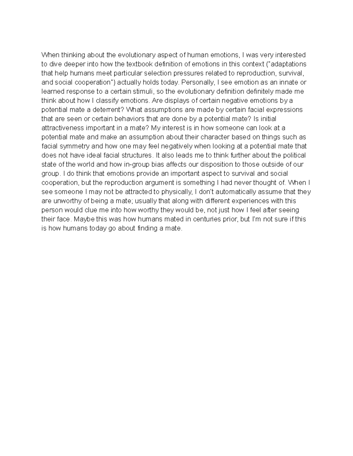 Psych 3645 - Reflection 2 - When thinking about the evolutionary aspect ...