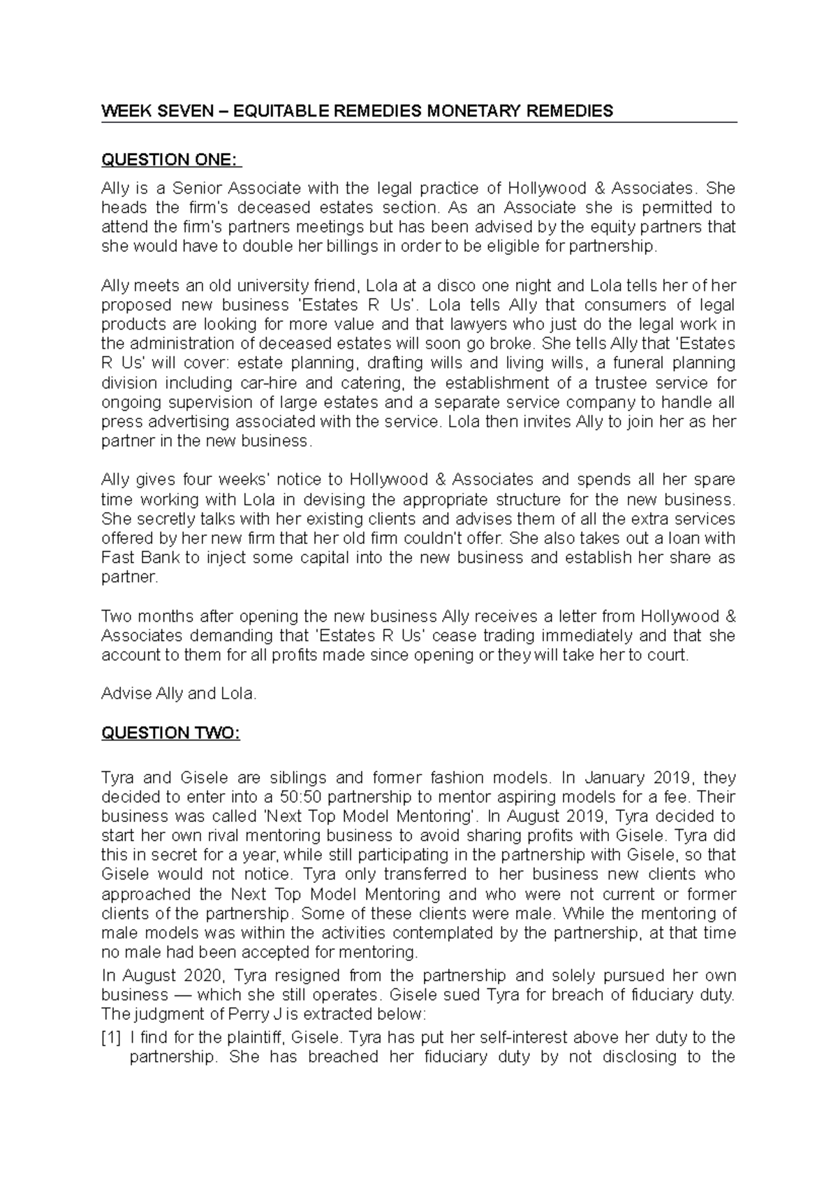 LLB205 Tutorial Questions Week 7 - WEEK SEVEN – EQUITABLE REMEDIES ...