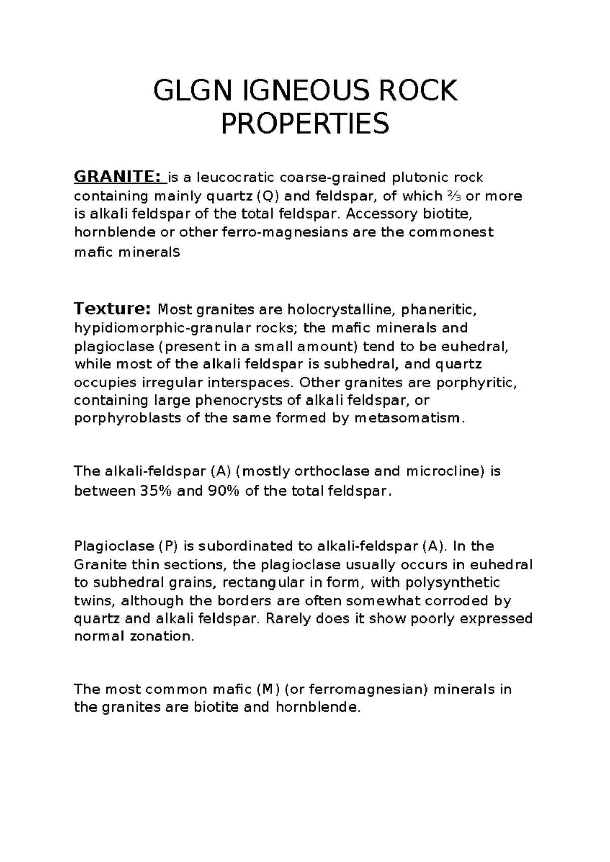 GLGN Igneous ROCK Properties - GLGN IGNEOUS ROCK PROPERTIES GRANITE: is ...