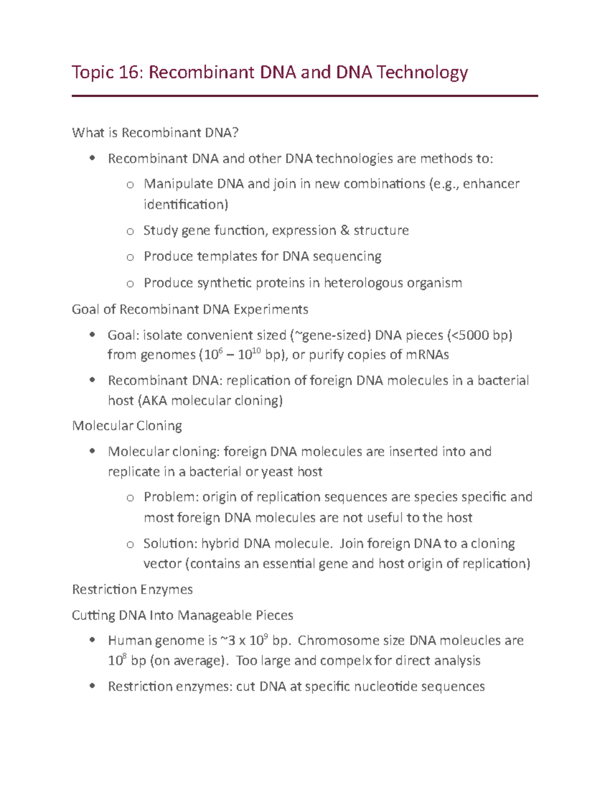 Topic 16 - Stephenson - Topic 16: Recombinant DNA and DNA Technology ...