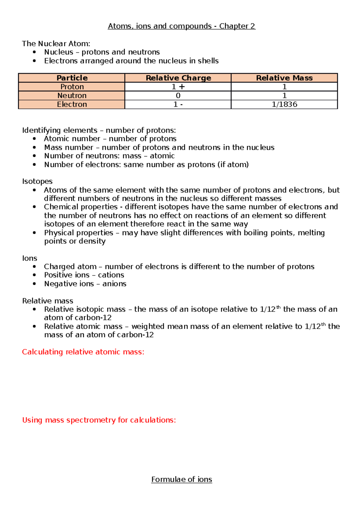 Chemistry - Paper 1 Notes - Atoms, ions and compounds - Chapter 2 The ...