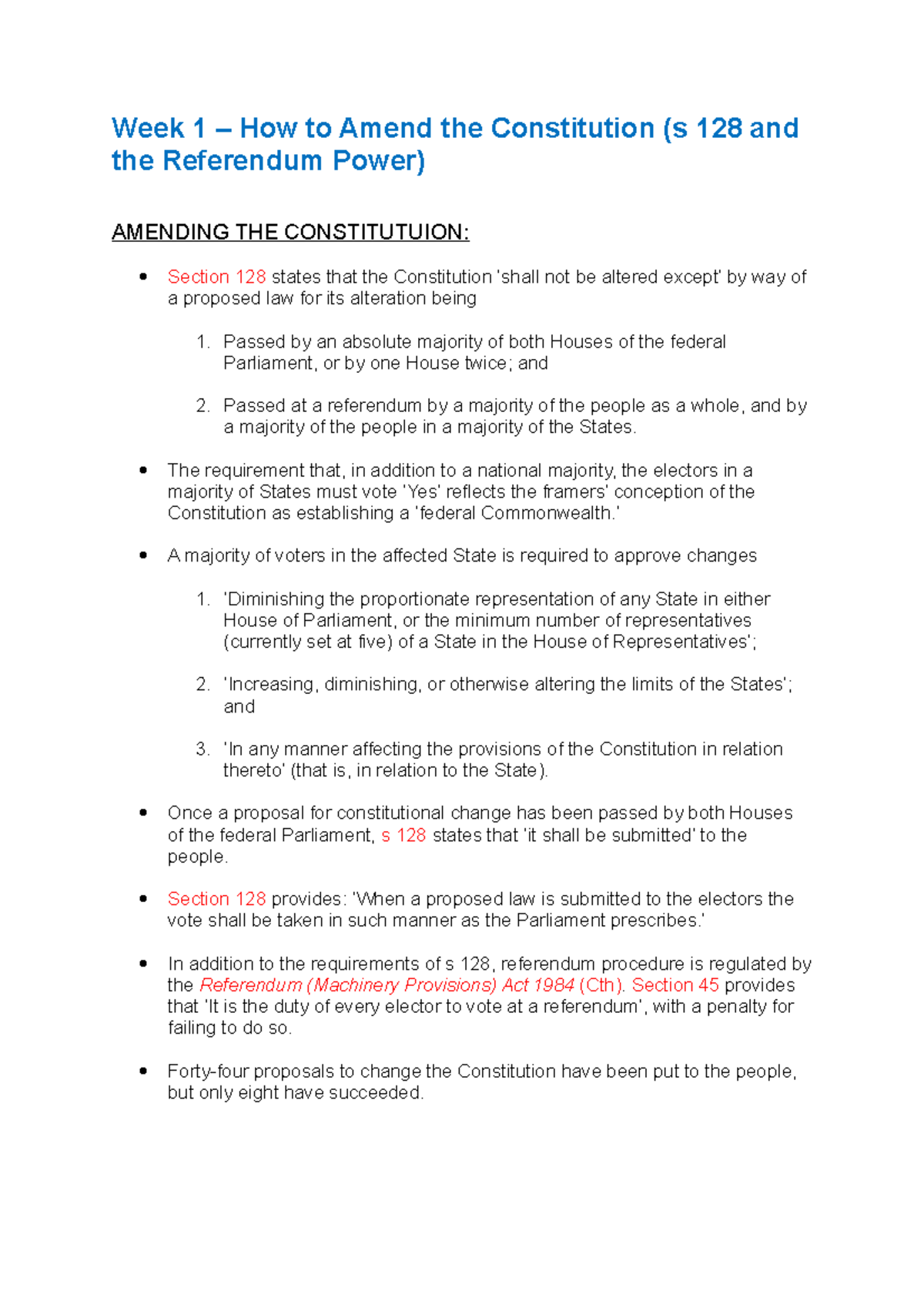 ACL Week 1 - summary - Week 1 – How to Amend the Constitution (s 128 ...