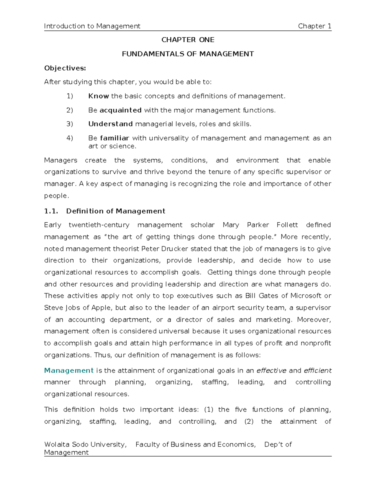 Mgt ch1 - Power point of Econ - CHAPTER ONE FUNDAMENTALS OF MANAGEMENT Objectives: After ...