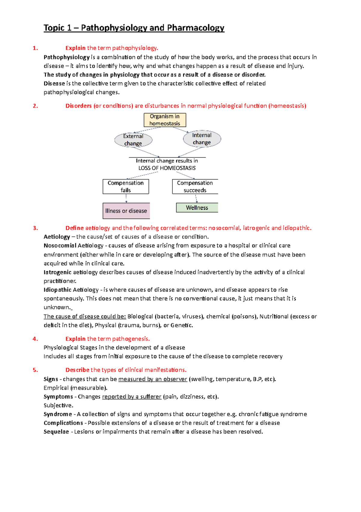 Topic 1 Learning objectives - 1. Explain the term pathophysiology ...