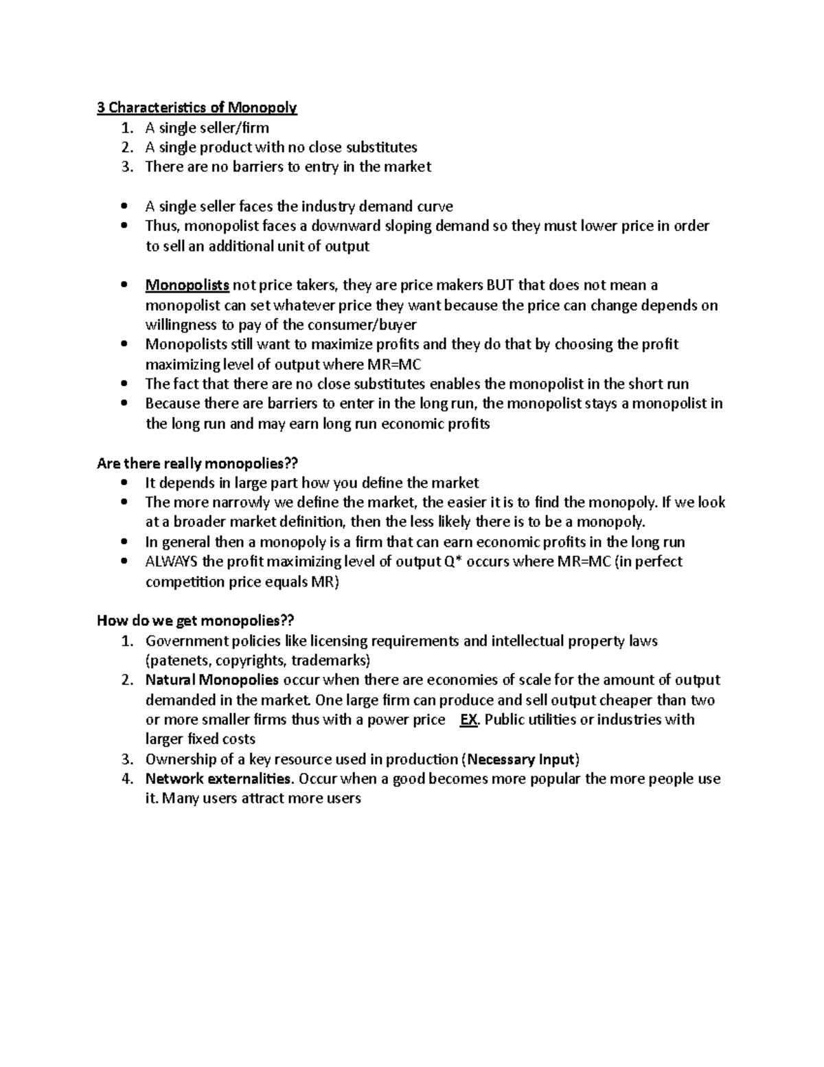 Monopoly Notes - 3 Characteristics of Monopoly 1. A single seller/firm ...