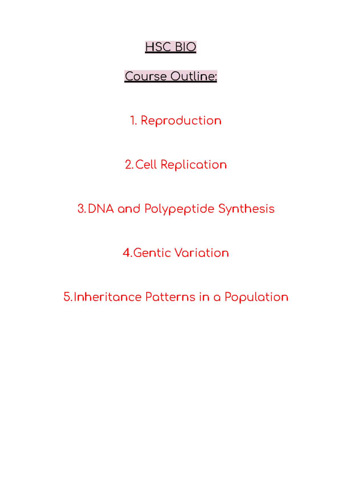 HSC BIOLOGY NOTES - HSC BIO Course Outline: 1. Reproduction 2. Cell ...