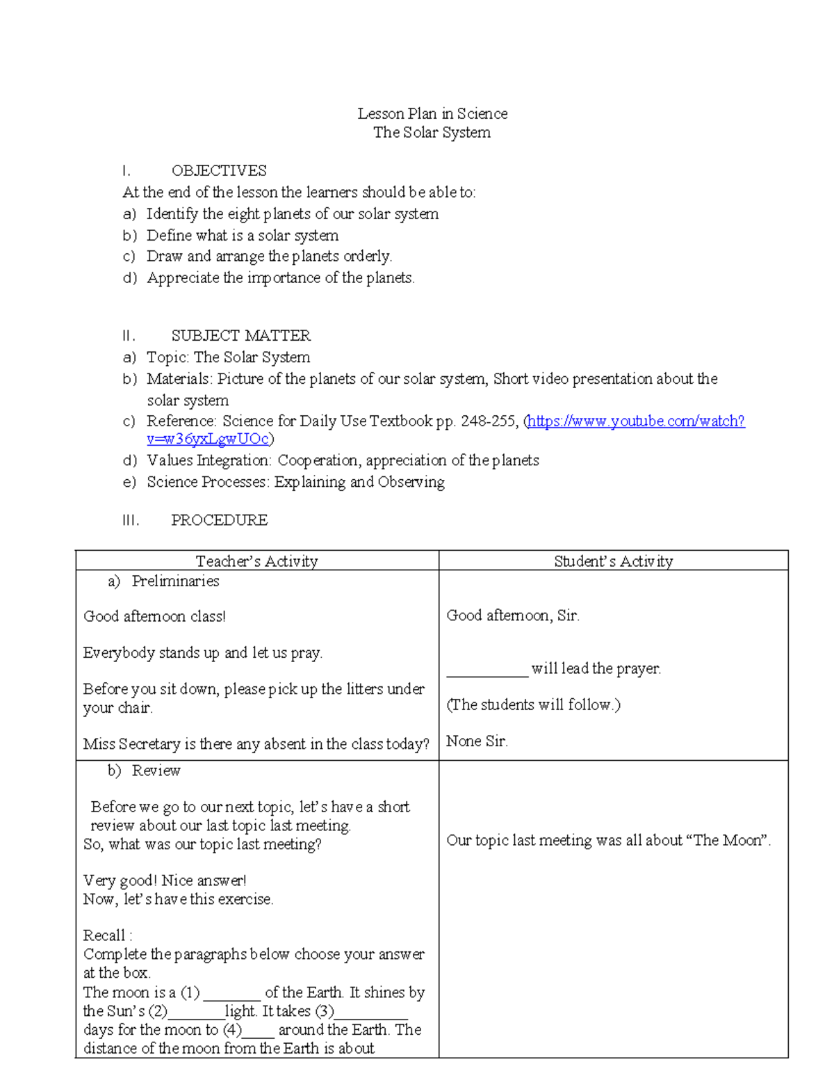 Detailed lesson plan in science solar system - Lesson Plan in Science ...