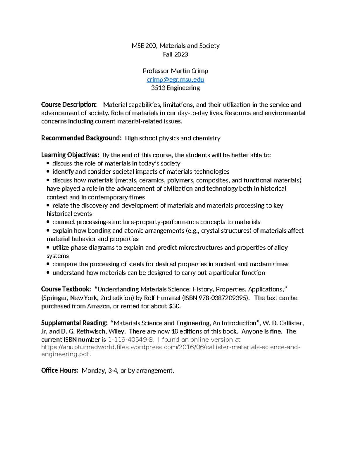 MSE 200 Syllabus 2023 - MSE 200, Materials and Society Fall 2023 ...