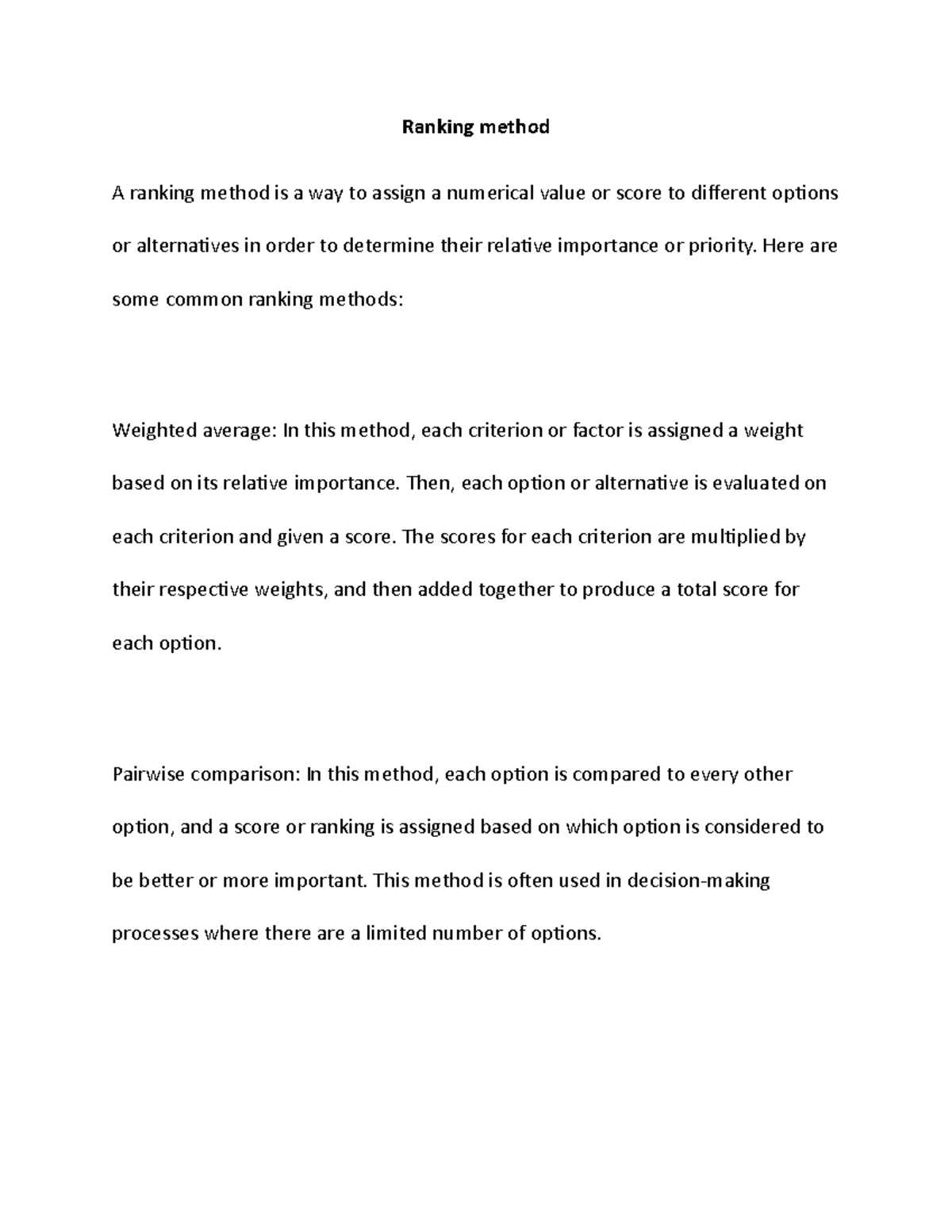 Ranking method - Here are some common ranking methods: Weighted average ...