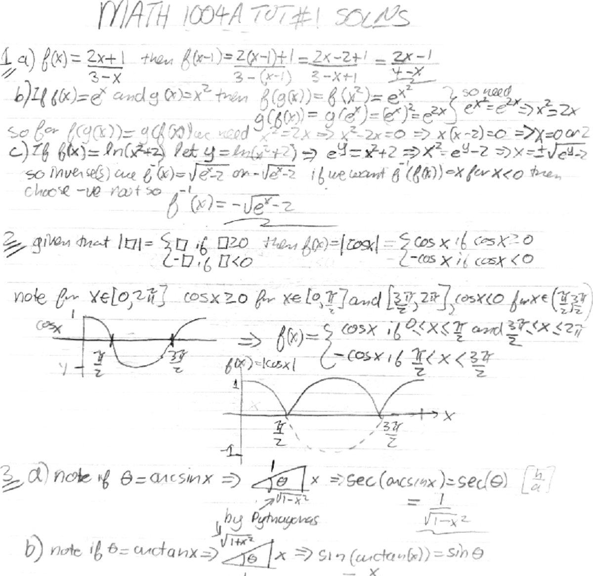 Tutorial 1 (Solutions) - MATH 1004A SOLNS a) f(x) then 11 andy then f(g ...