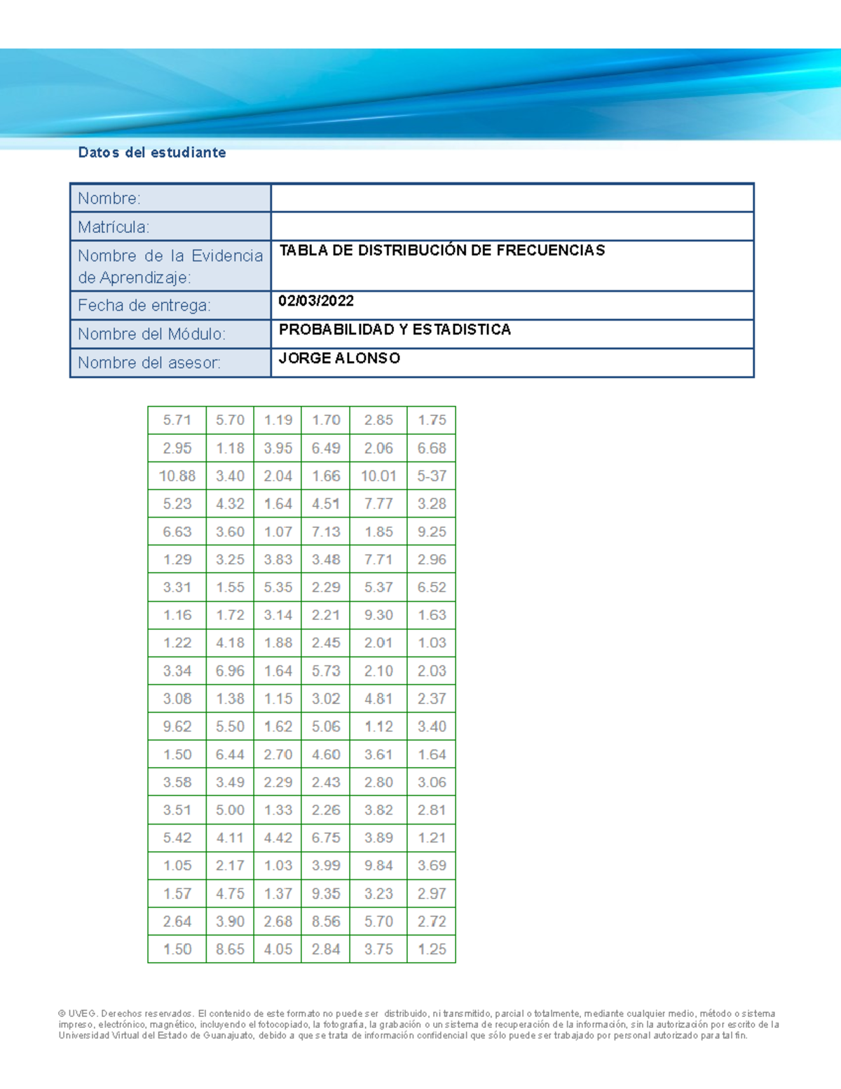 Tabla - Datos del estudiante Nombre: Matrícula: Nombre de la Evidencia ...