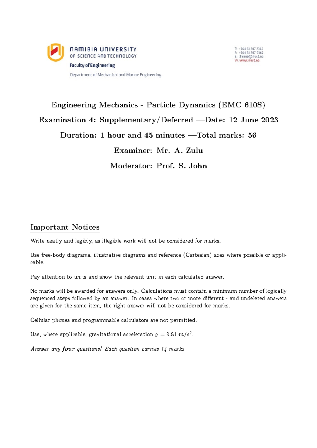 EMC610S-Exam4-2023 - Engineering Mechanics - Particle Dynamics (EMC ...