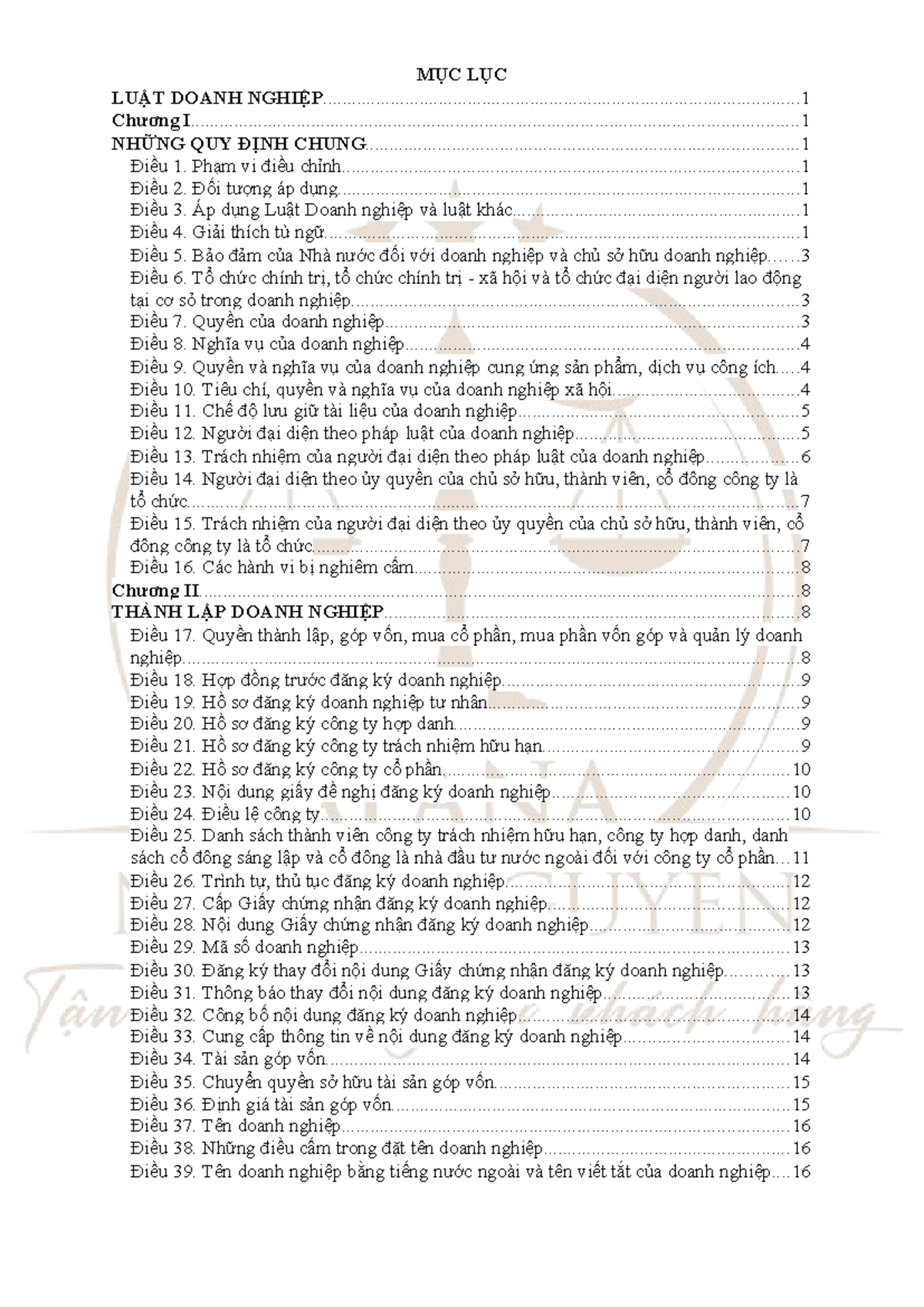 Muc luc Luat doanh nghiep 2020 - MỤC LỤC LUẬT DOANH - Studocu