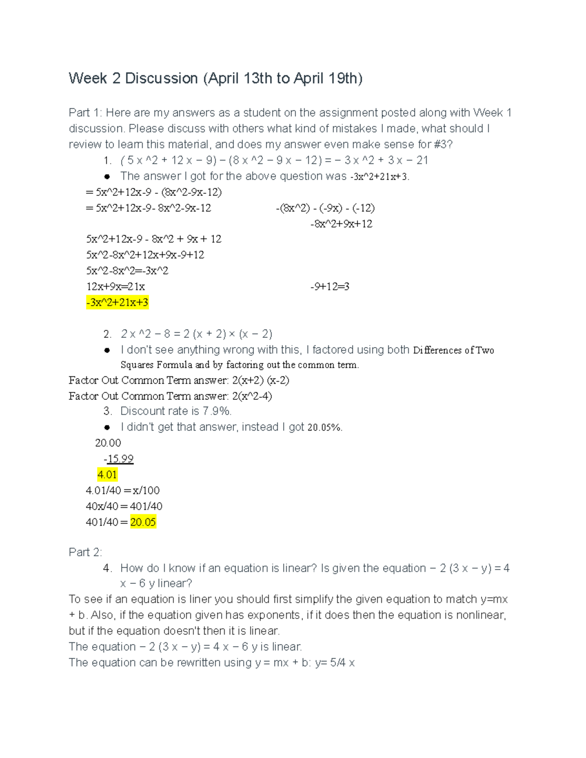 Week 2 Discussion - professor assigned example problems to prepare for ...