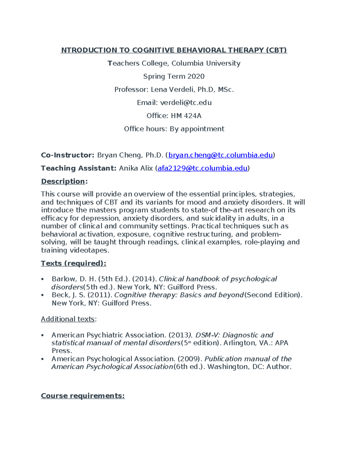 CBT Syllabus - NTRODUCTION TO COGNITIVE BEHAVIORAL THERAPY (CBT ...