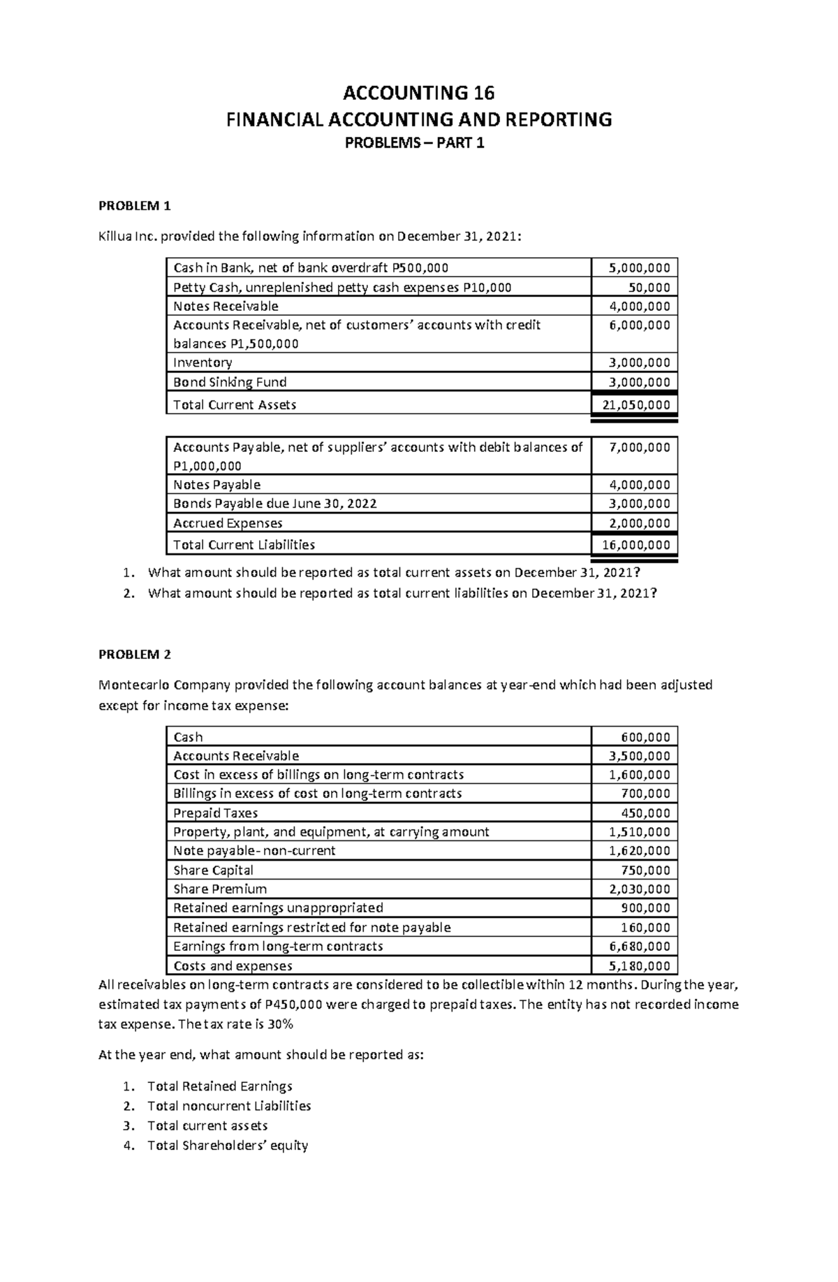 Problems-SET 1 - probs - ACCOUNTING 16 FINANCIAL ACCOUNTING AND ...