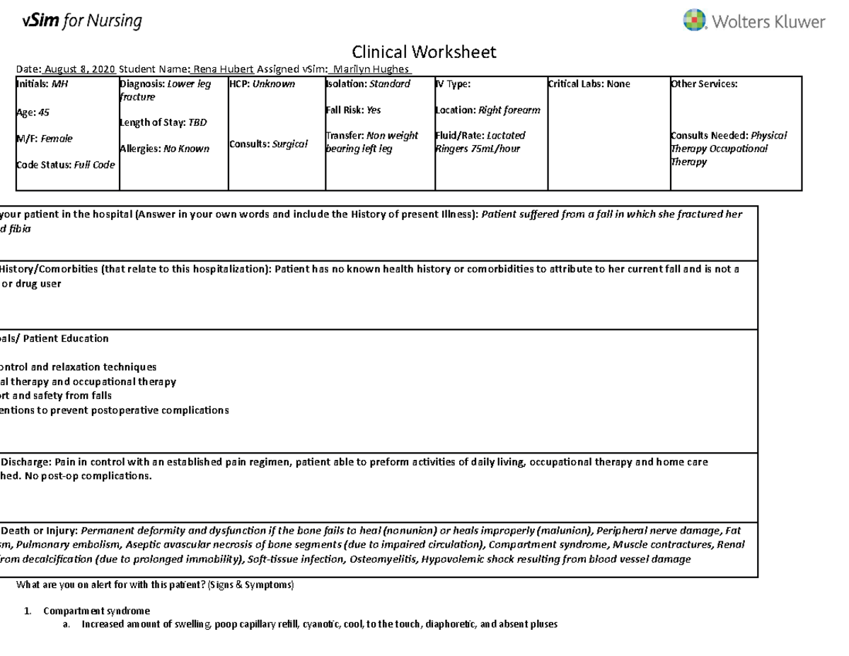 8-8-2020 Rena Hubert Clinical Care Plan - Clinical Worksheet Date ...