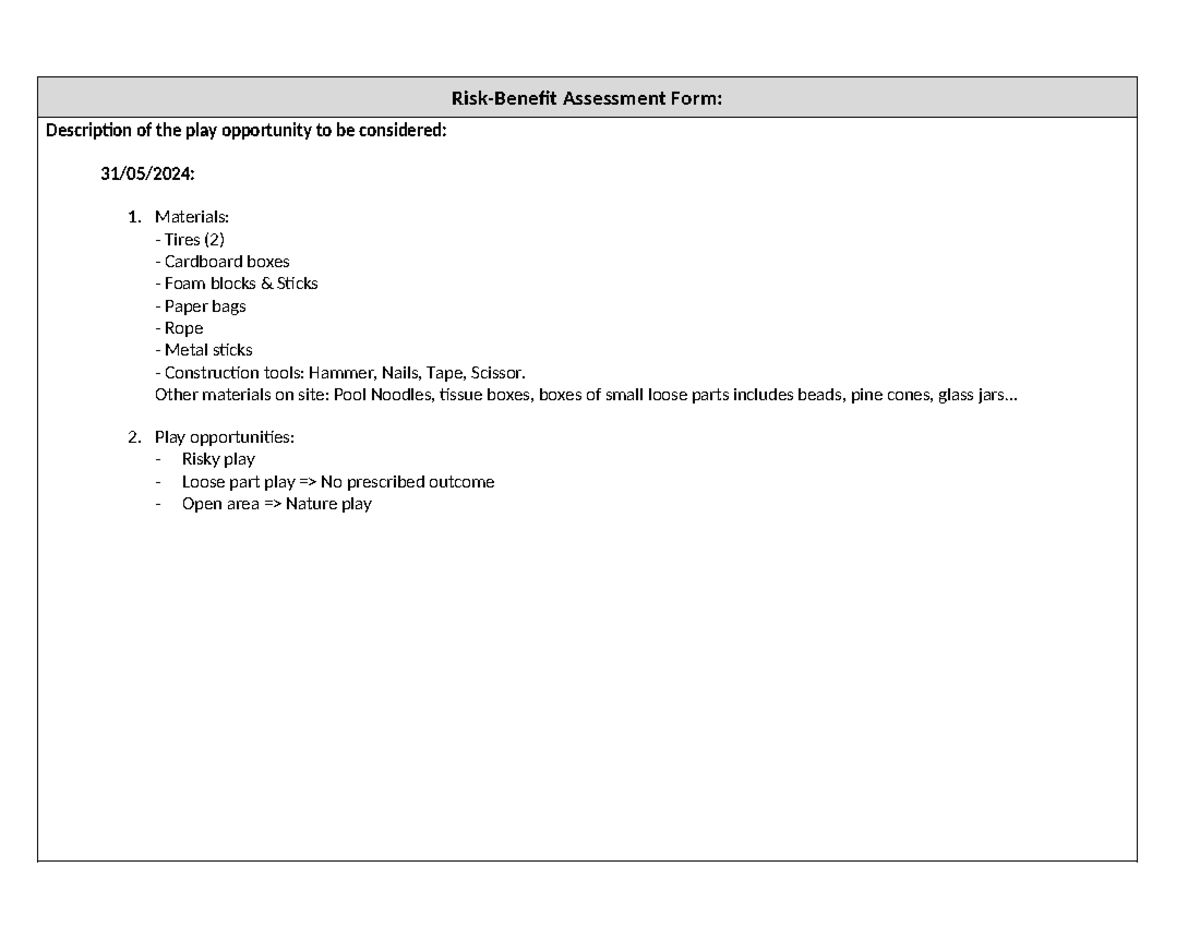 RBA Template Day 1 - risk benefit assessment - Risk-Benefit Assessment ...