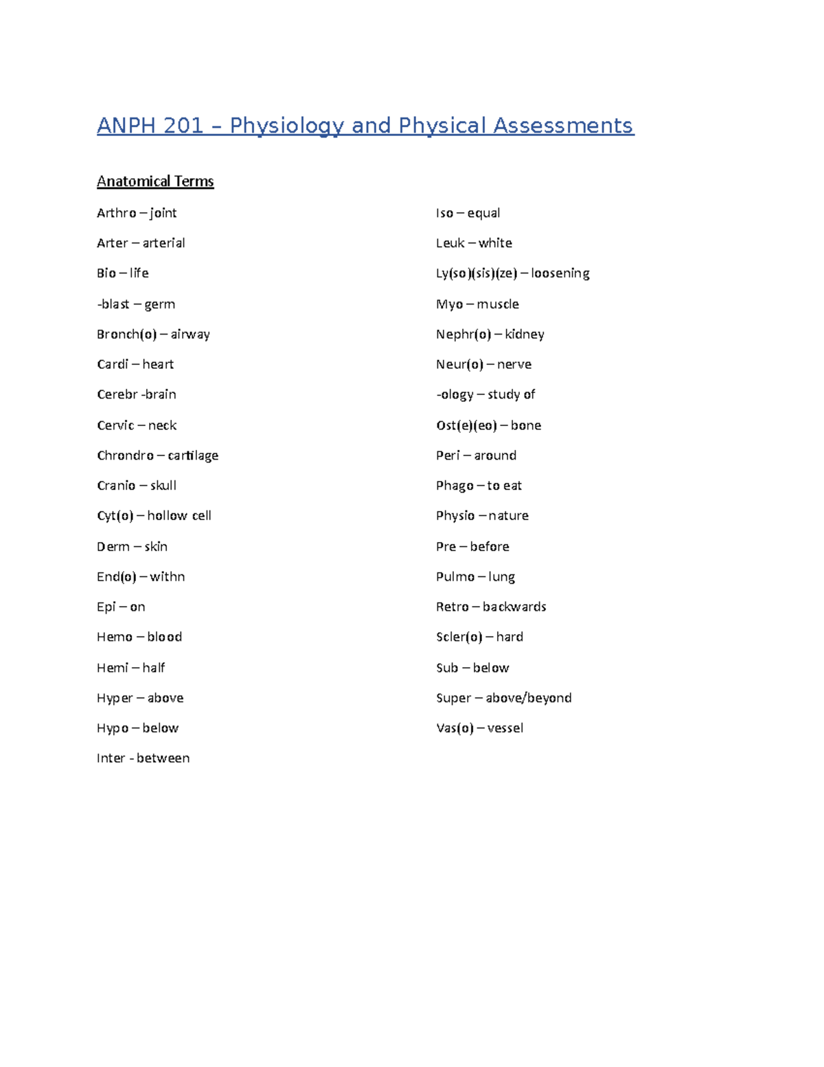 ANPH 201 - Lecture notes 1 - ANPH 201 – Physiology and Physical ...