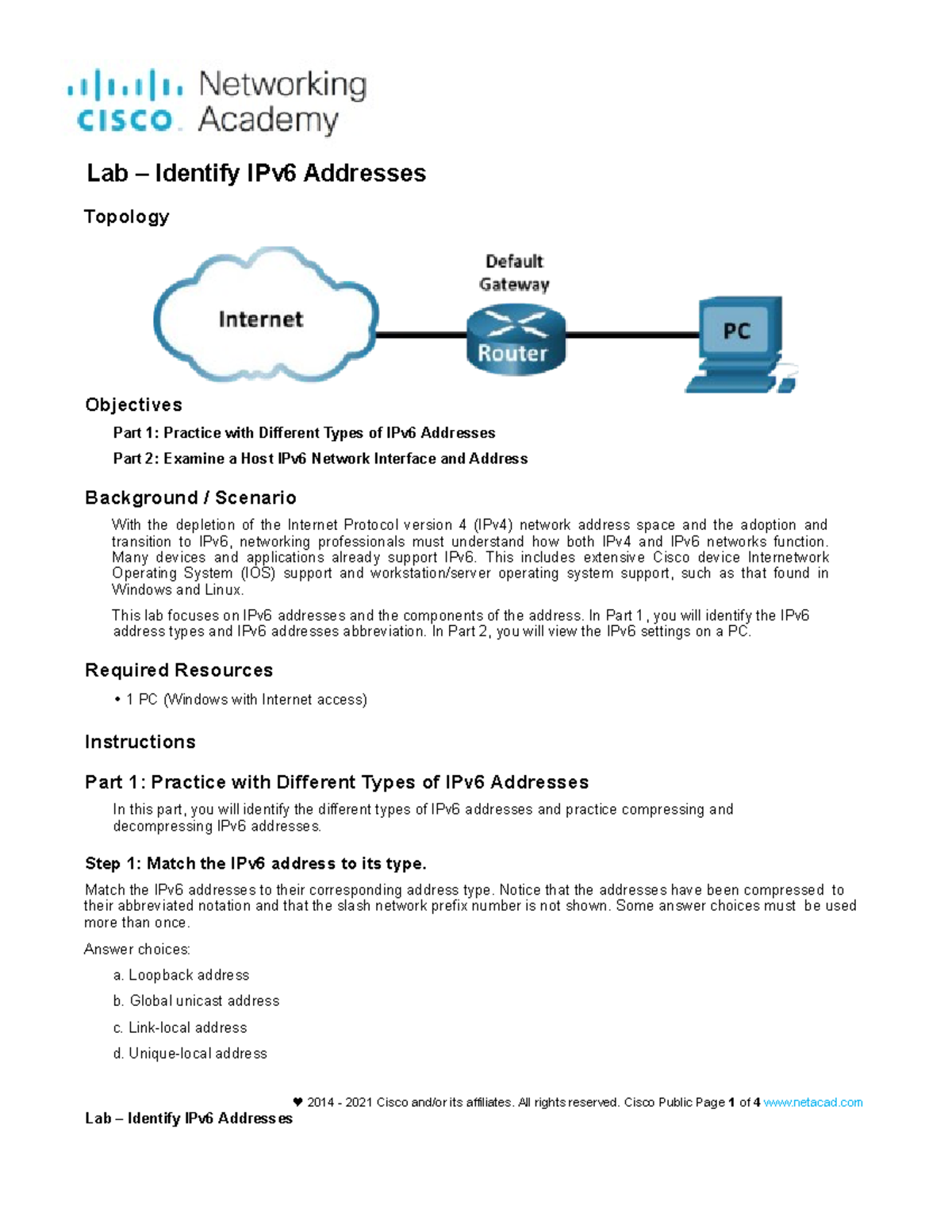 1274 Lab Identify Ipv6 Addresses Lab Identify Ipv6 Addresses Topology Objectives Part 1