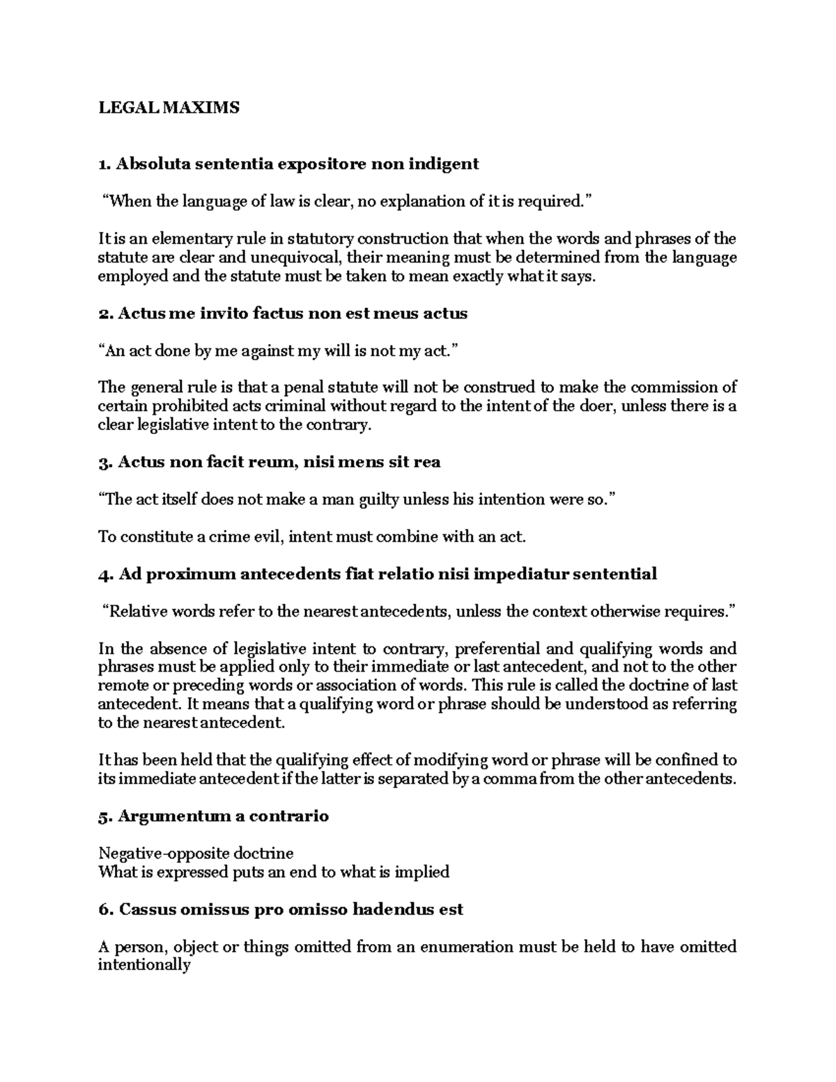 Legal-maxims - Legal maxims summary - LEGAL MAXIMS Absoluta sententia ...