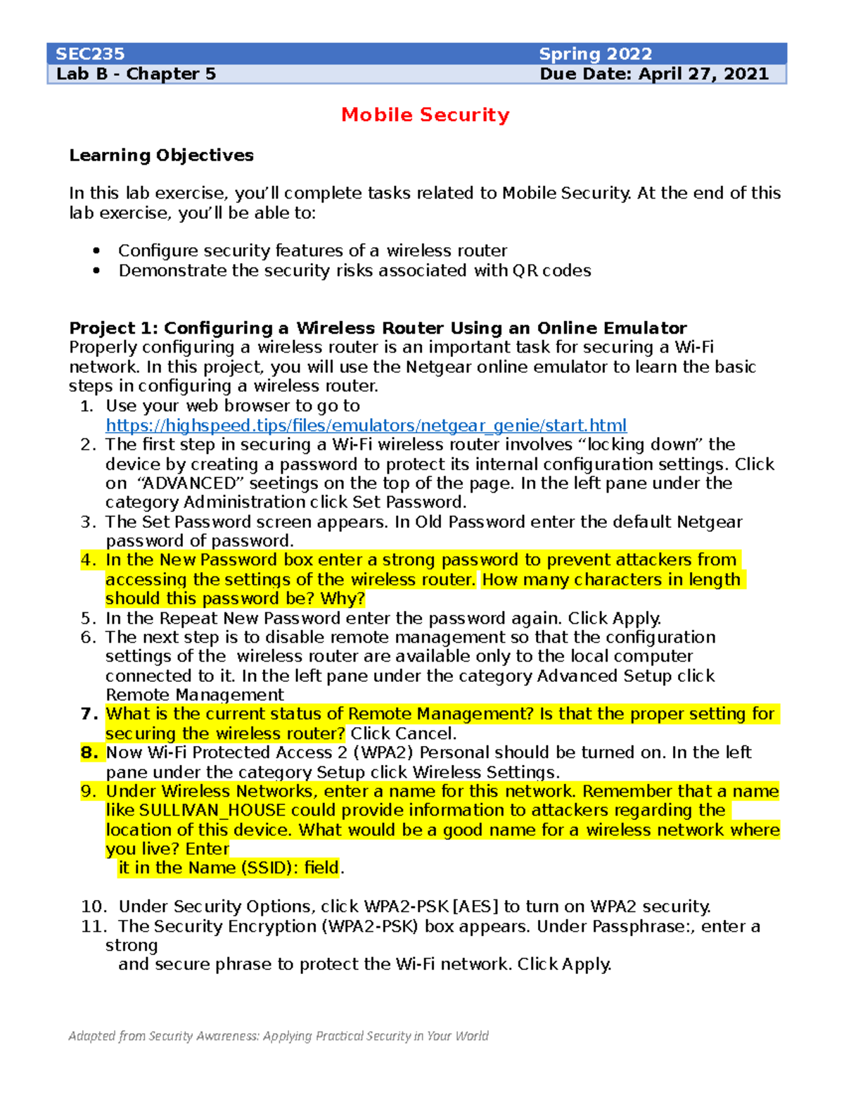 Chapter 5 - Lab - SEC235 Spring 2022 Lab B - Chapter 5 Due Date: April ...