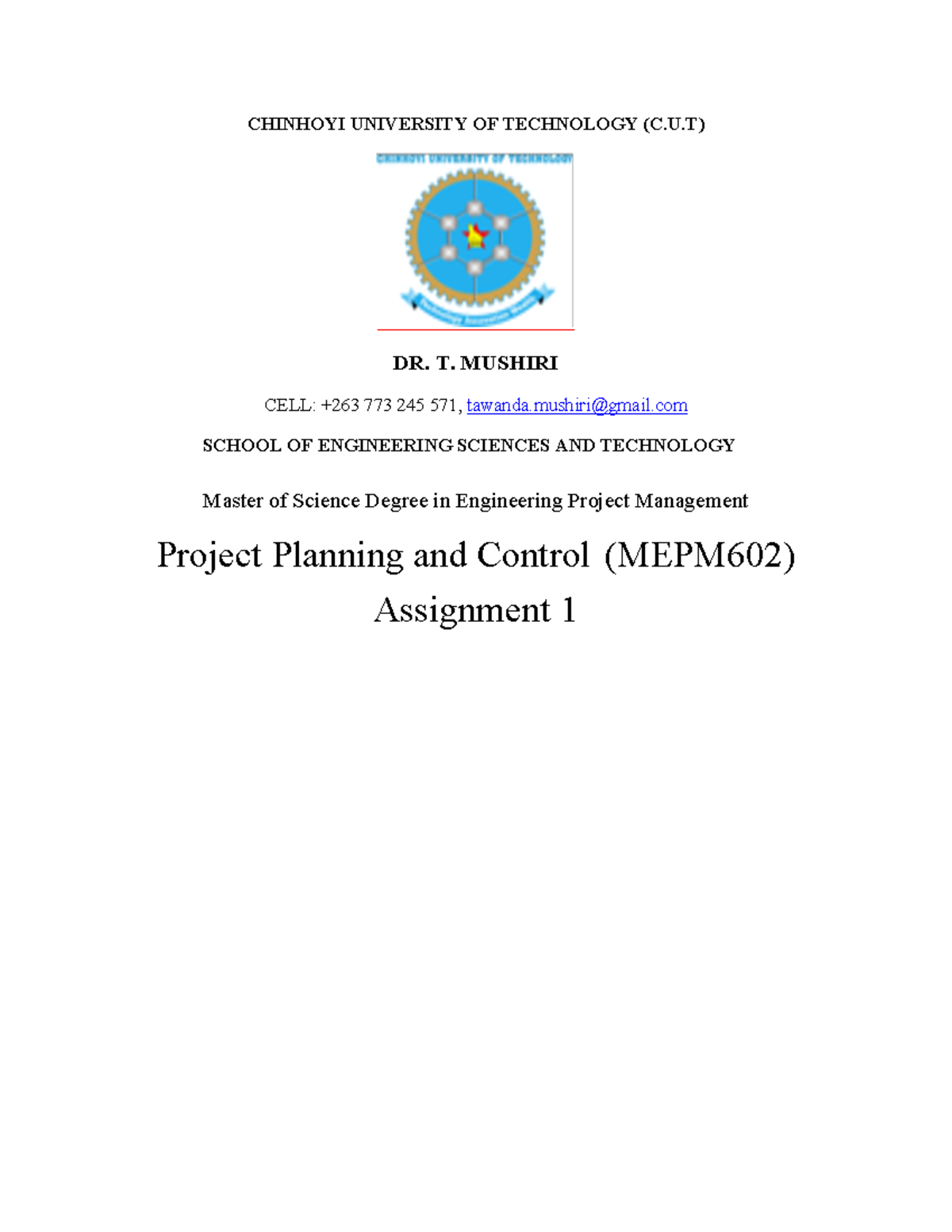 2022 MEPM602 Assignment 1 Project planning and control - CHINHOYI ...