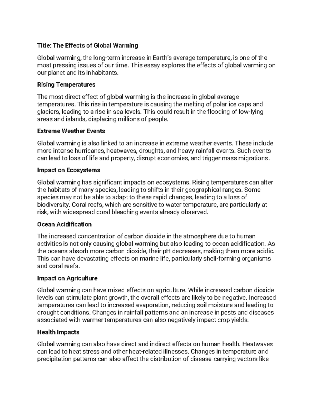Global Warming - Essay writings - Title: The Effects of Global Warming ...