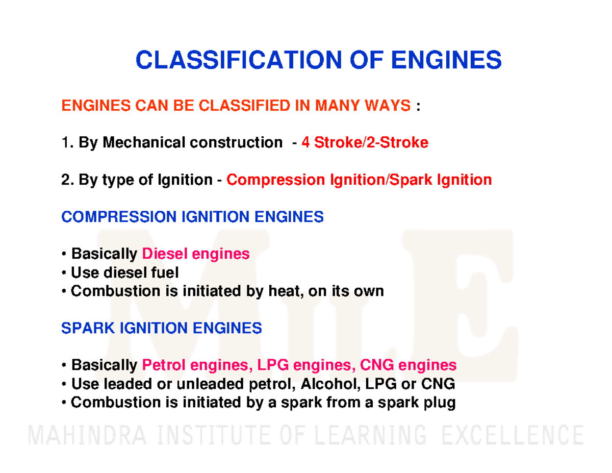 Automobile-basics-2 - Automobile-basics-2 - CLASSIFICATION OF ENGINES ENGINES CAN BE CLASSIFIED ...