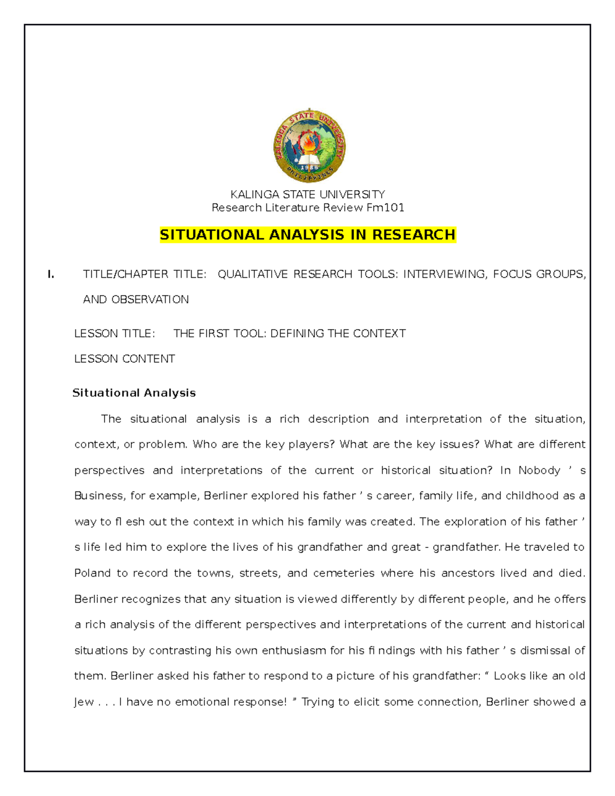 Situational Analysis IN Research - KALINGA STATE UNIVERSITY Research ...
