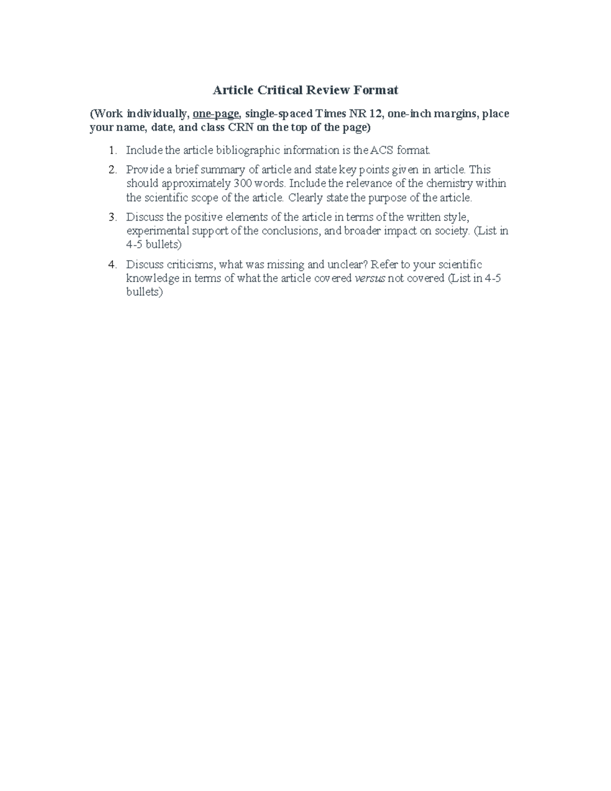 Article Critique Format - Article Critical Review Format (Work ...