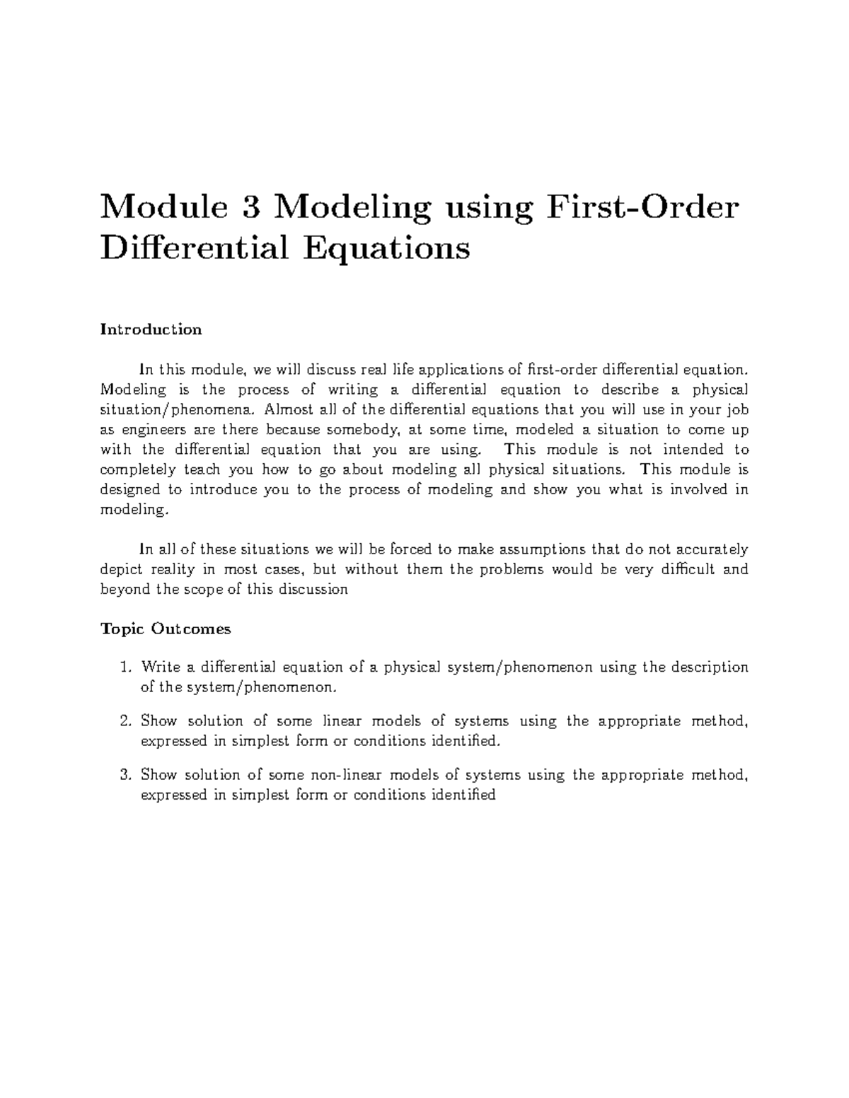 Differential Equations Module Module 3 Modeling Using First Order