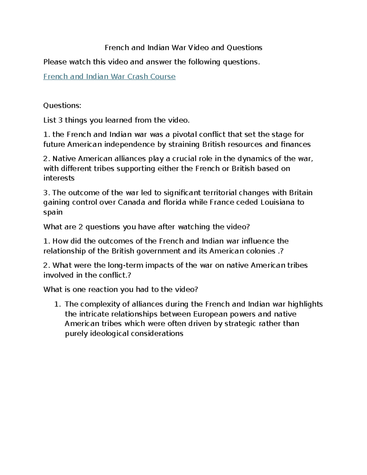 French and Indian War Video and Questions - French and Indian War Crash ...