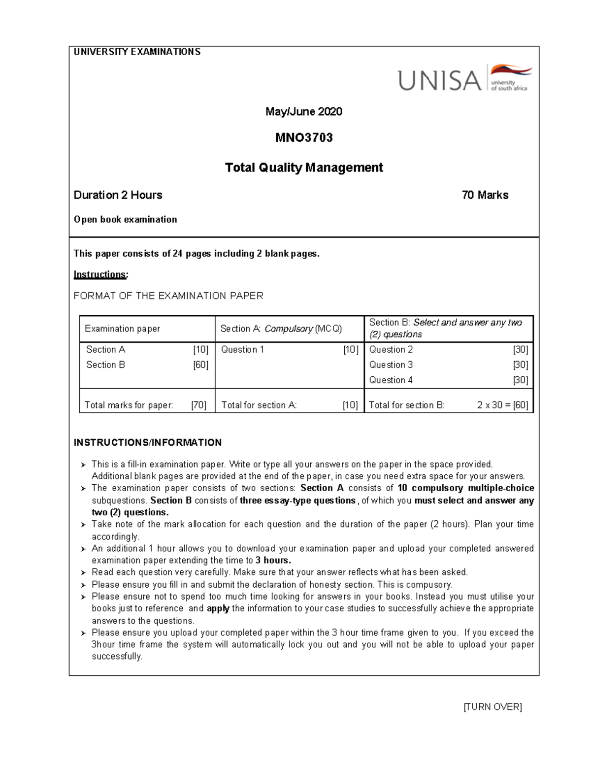 MNO3703 exam paper - UNIVERSITY EXAMINATIONS 2020 MNO3703 Total Quality ...