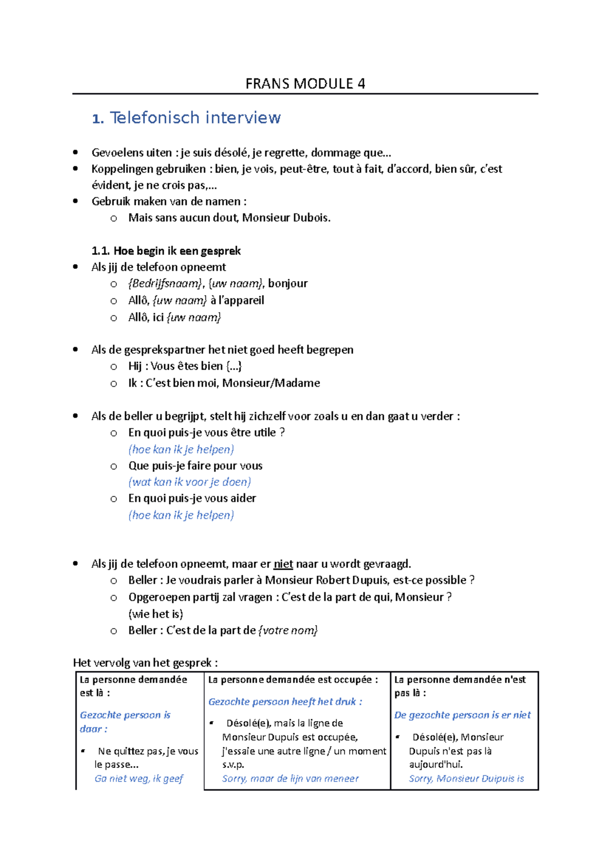 Frans Module 4 - FRANS MODULE 4 1. Telefonisch interview Gevoelens ...
