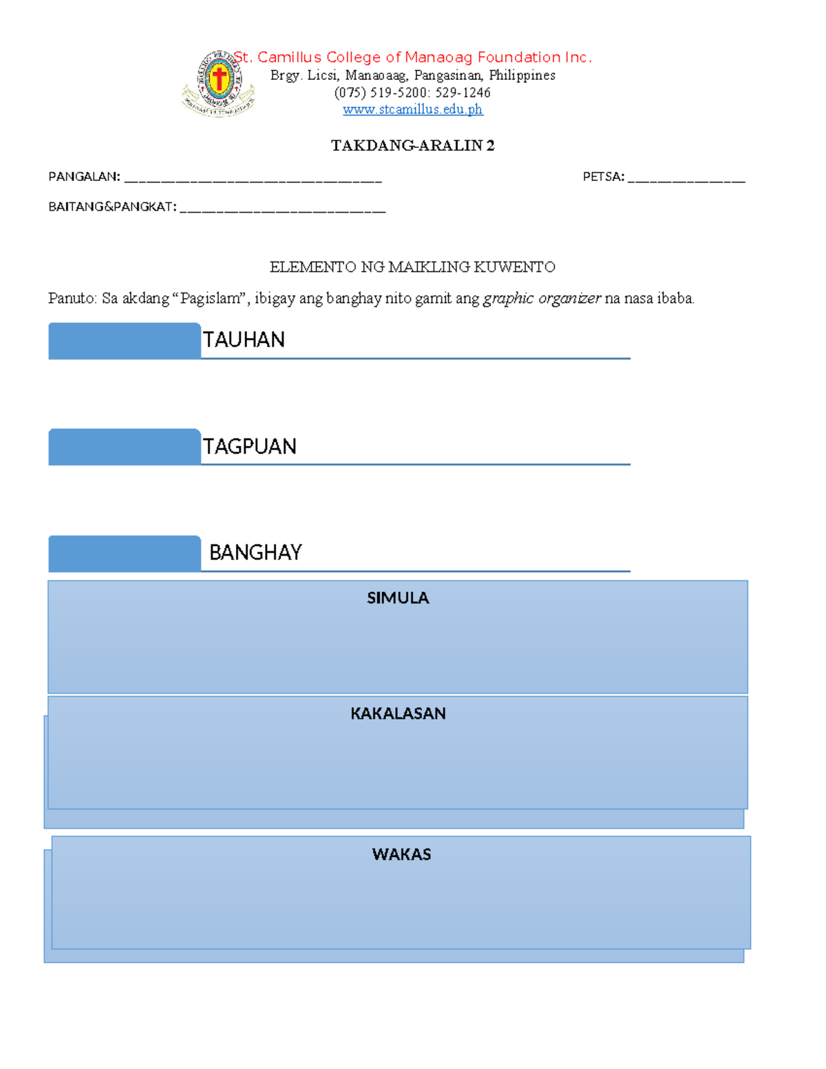 TA 2 - Takdang-aralin - TAUHAN TAGPUAN BANGHAY St. Camillus College of ...