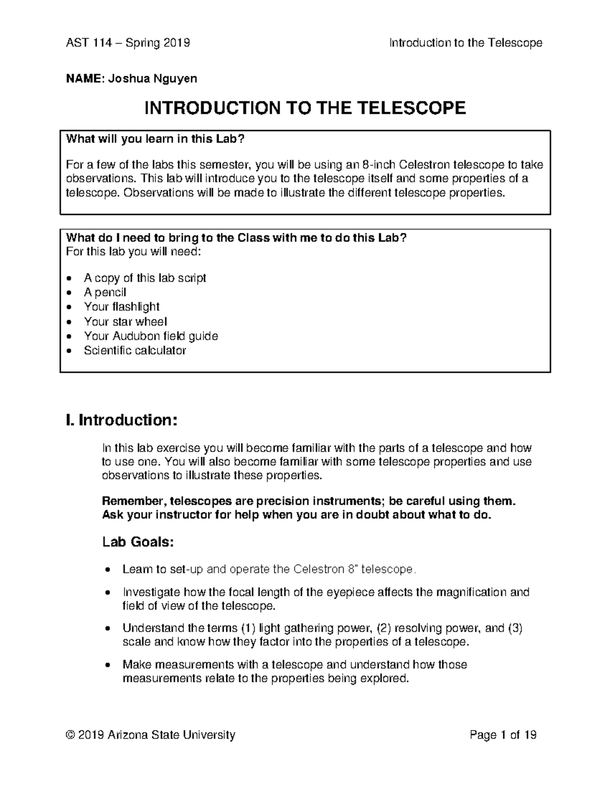 Intro to Telescope - Assignment - AST 114 – Spring 2019 Introduction to ...