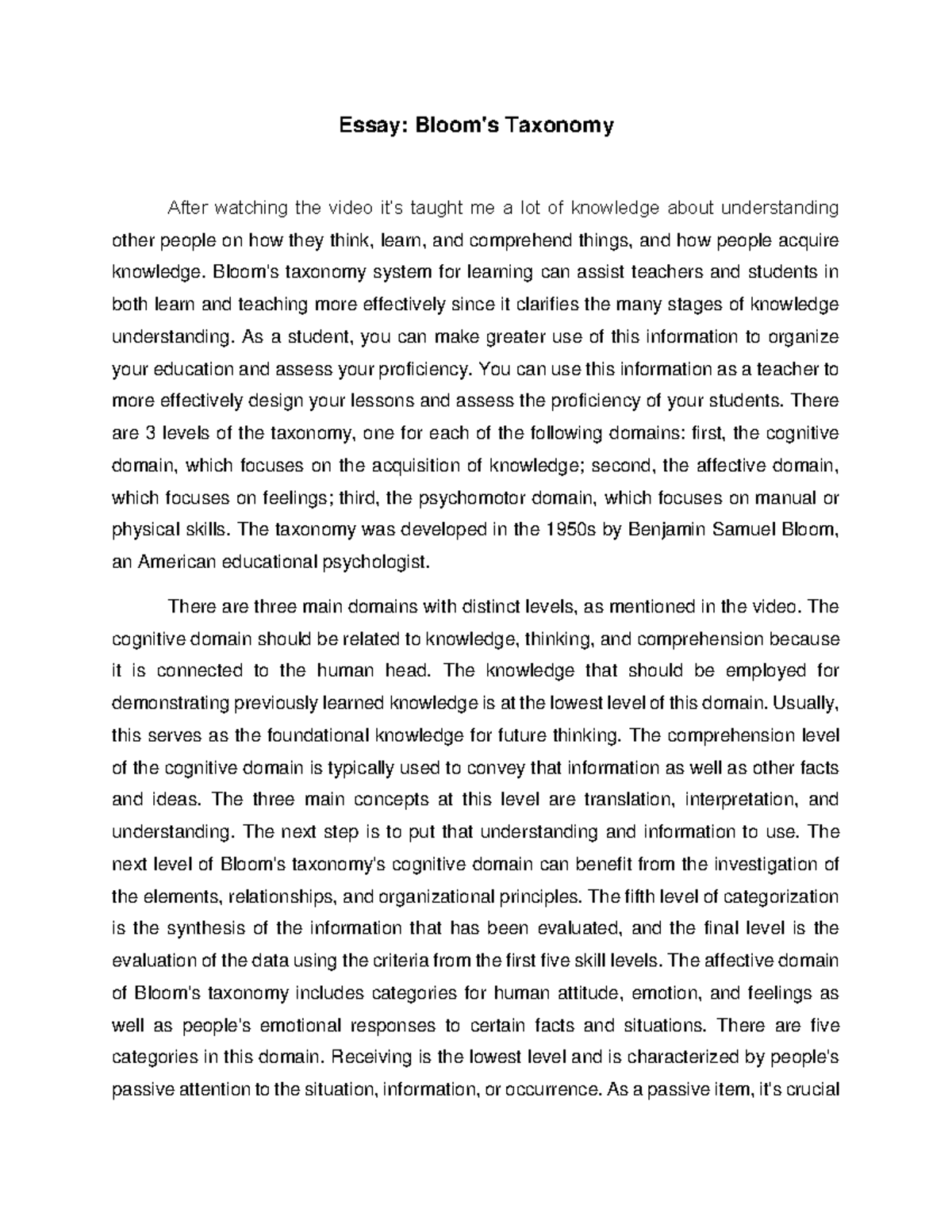 Peligro, Jhon Lloyd Bloom's Taxonomy - Essay: Bloom's Taxonomy After ...