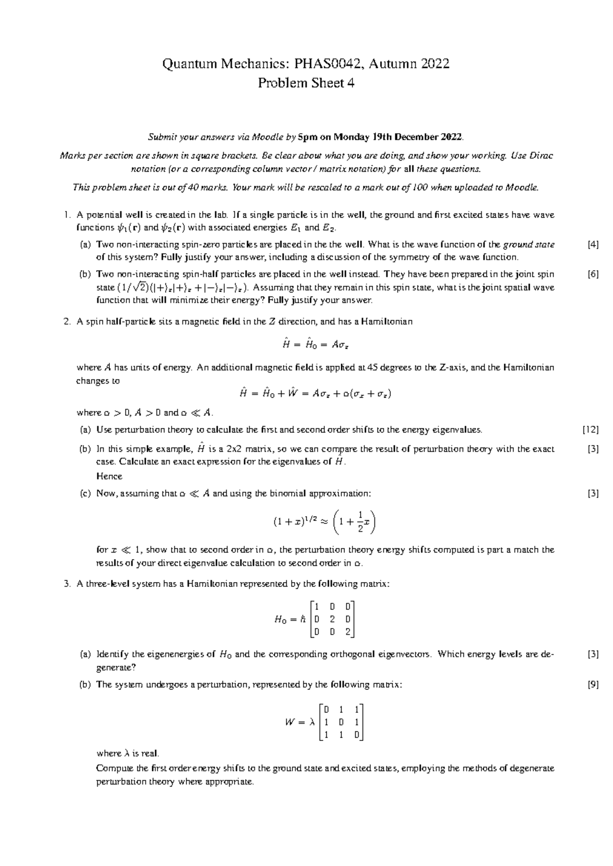PS4 2022 - Problem sheet - Quantum Mechanics: PHAS0042, Autumn 2022 Problem Sheet 4 Submit your ...
