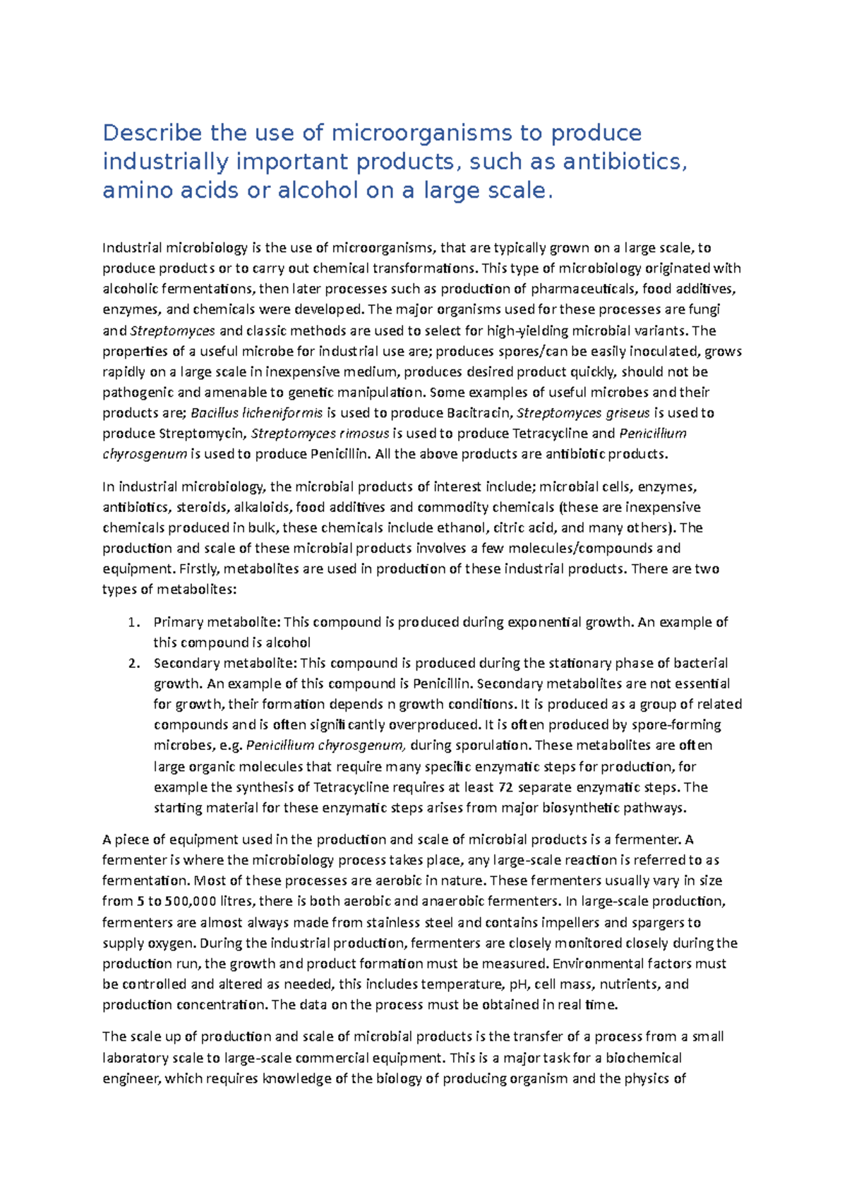 Exam, questions and answers - Describe the use of microorganisms to ...